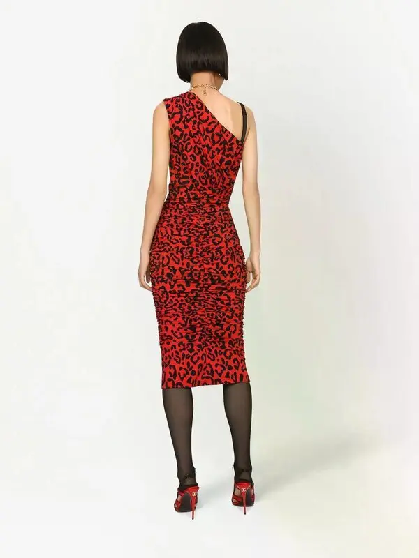 Dolce & Gabbana One-shoulder Ruched Leopard Print Dress