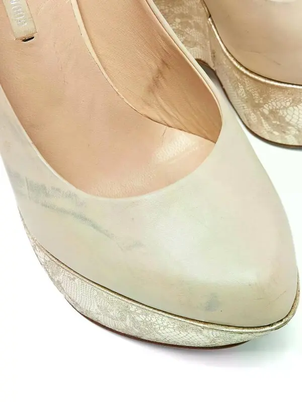 NICHOLAS KIRKWOOD Beige Lace-covered Platform Almond Toe Wedge Heel Slip-on Style