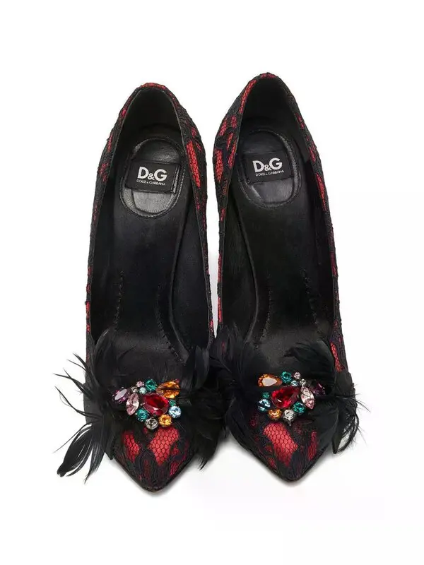 Dolce & Gabbana Feather Crystal Embellished Lace Pumps
