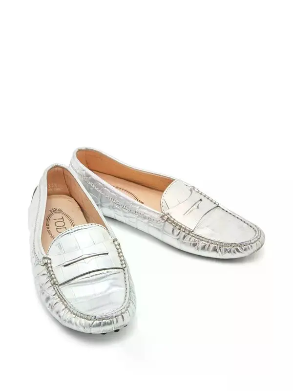 TOD'S Gommino Croc-embossed Loafers - Silver