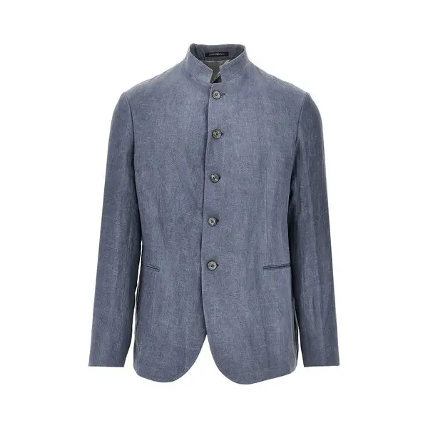 Emporio Armani Linen-blend Crepe Jacket With Guru Collar - Grey