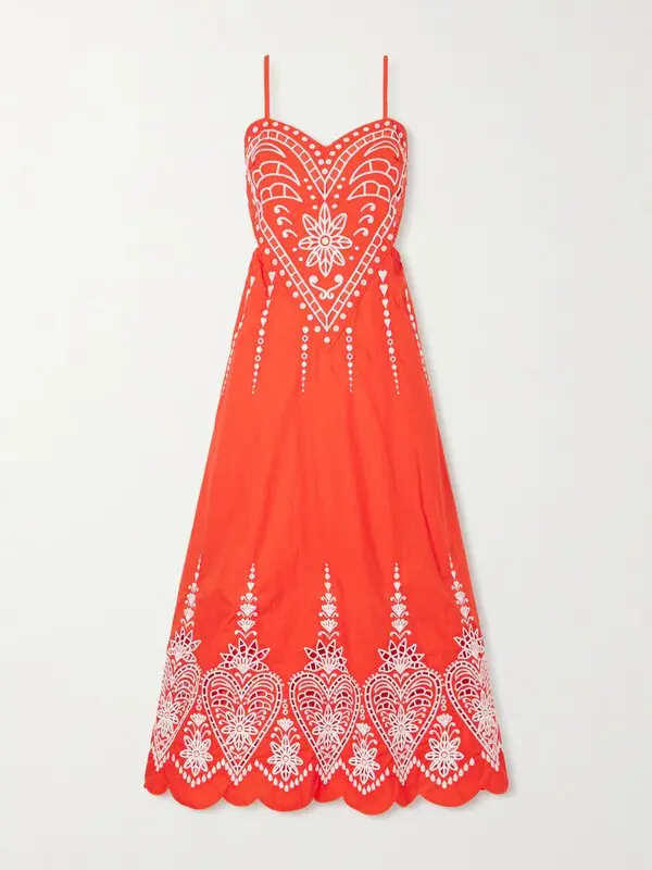 Farm Rio Heart Broderie Anglaise Cotton Midi Dress - Red
