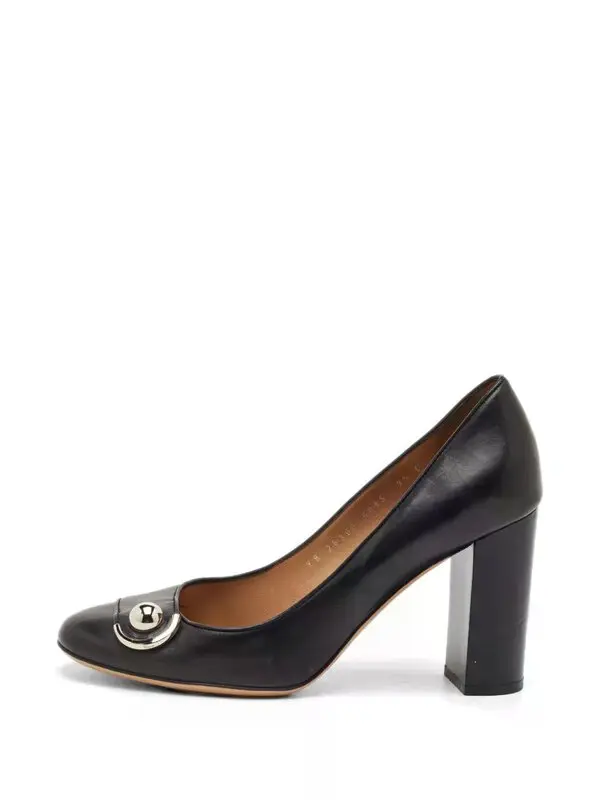 FERRAGAMO Leather Block Heel Pumps With Silver-tone Orb Embellishment
