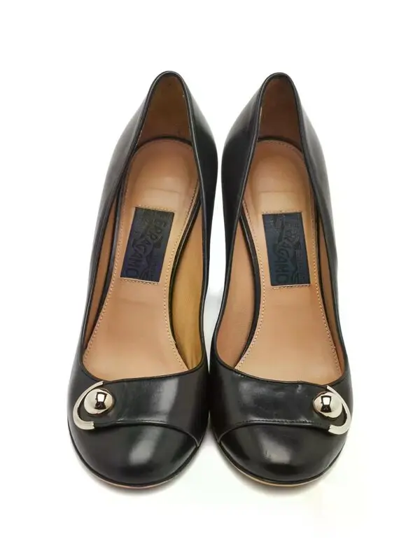 FERRAGAMO Leather Block Heel Pumps With Silver-tone Orb Embellishment