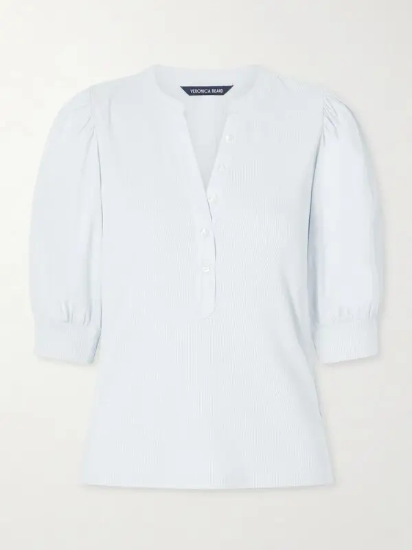 Veronica Beard Coralee Poplin And Ribbed Stretch-pima Cotton-jersey Top - Blue