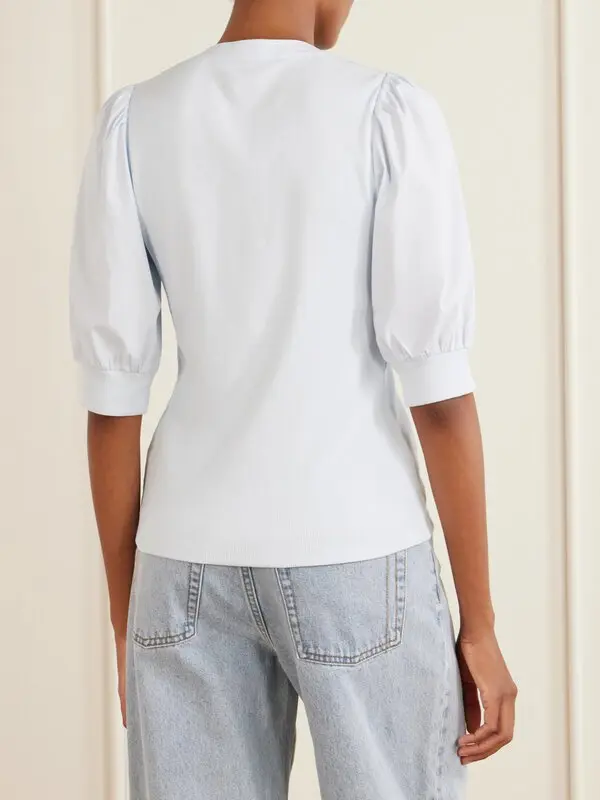 Veronica Beard Coralee Poplin And Ribbed Stretch-pima Cotton-jersey Top - Blue