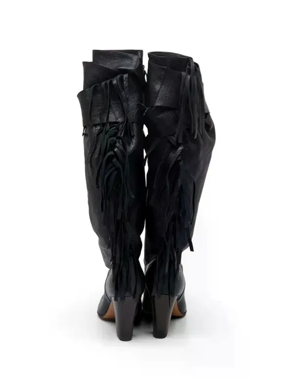 Casadei Leather Fringe Detail Pointed Toe Block Heel Boots