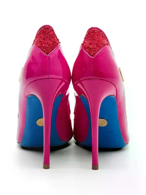 LORIBLU Lace-overlay Patent Leather Heeled Pumps