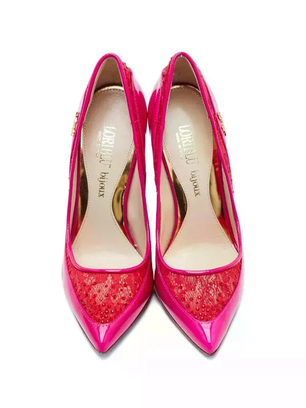 LORIBLU Lace-overlay Patent Leather Heeled Pumps
