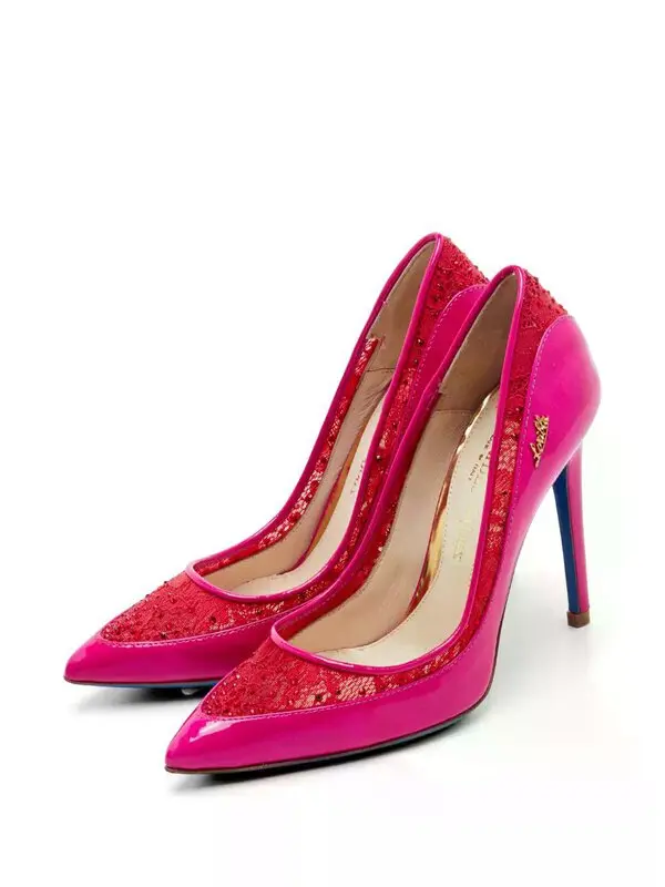 LORIBLU Lace-overlay Patent Leather Heeled Pumps