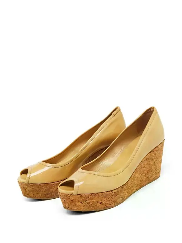 JIMMY CHOO Beige Patent Leather Peep Toe Cork Wedge Pumps