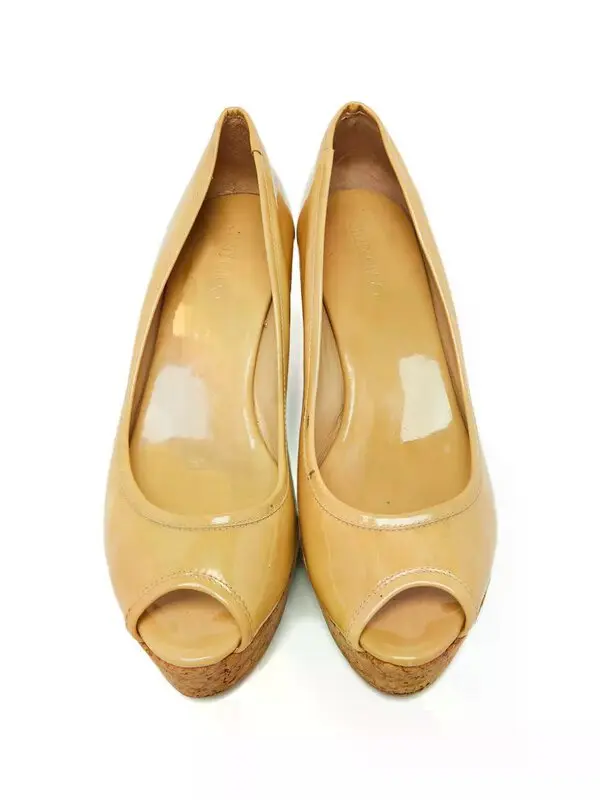 JIMMY CHOO Beige Patent Leather Peep Toe Cork Wedge Pumps