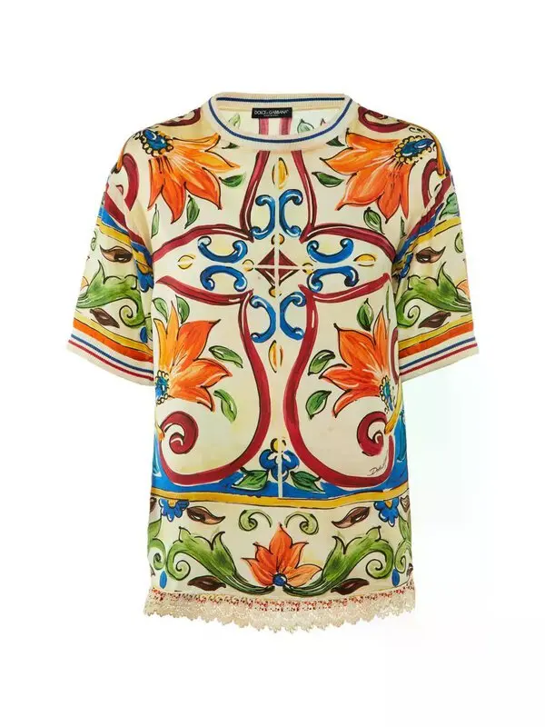 Dolce & Gabbana Majolica Print T-shirt With Lace Trim