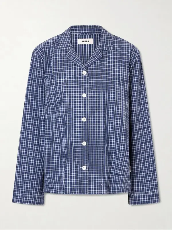 TEKLA Checked Organic Cotton Pajama Shirt - Blue