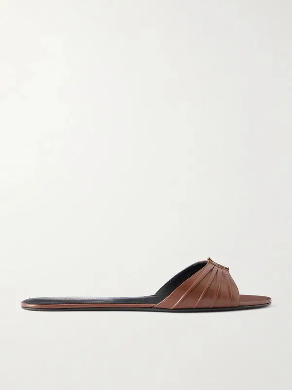 Saint Laurent Babylone Embellished Glossed-leather Slides - Brown