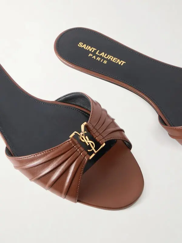 Saint Laurent Babylone Embellished Glossed-leather Slides - Brown