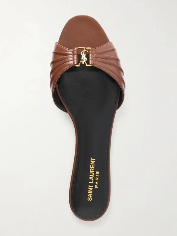 Saint Laurent Babylone Embellished Glossed-leather Slides - Brown