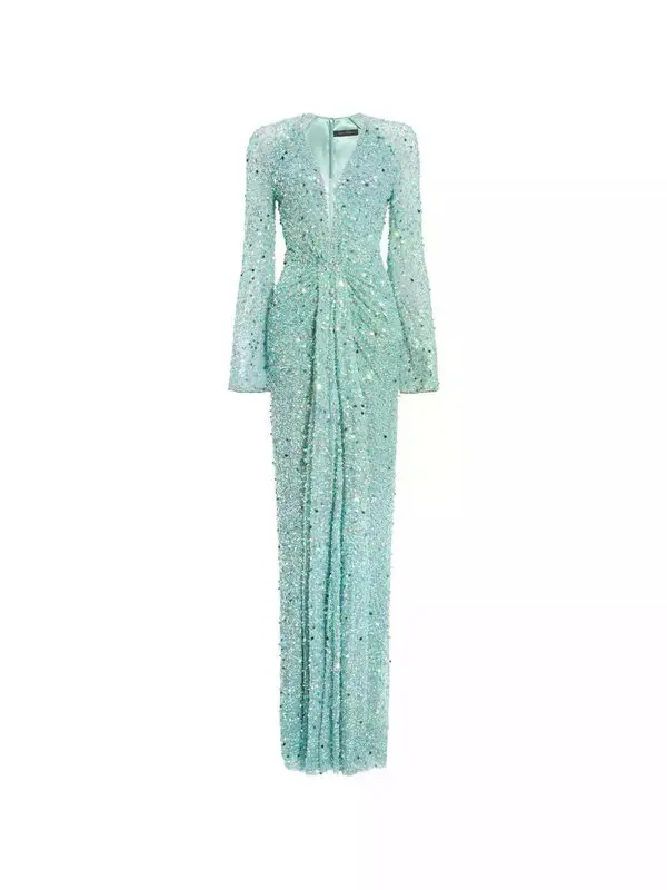 Jenny Packham Embellished Plunge V-neck Long Sleeve Gown - Blue