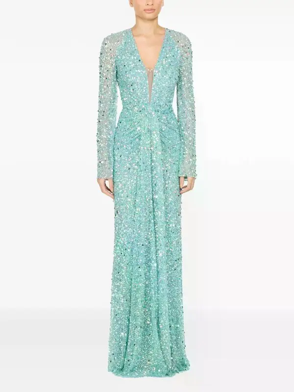Jenny Packham Embellished Plunge V-neck Long Sleeve Gown