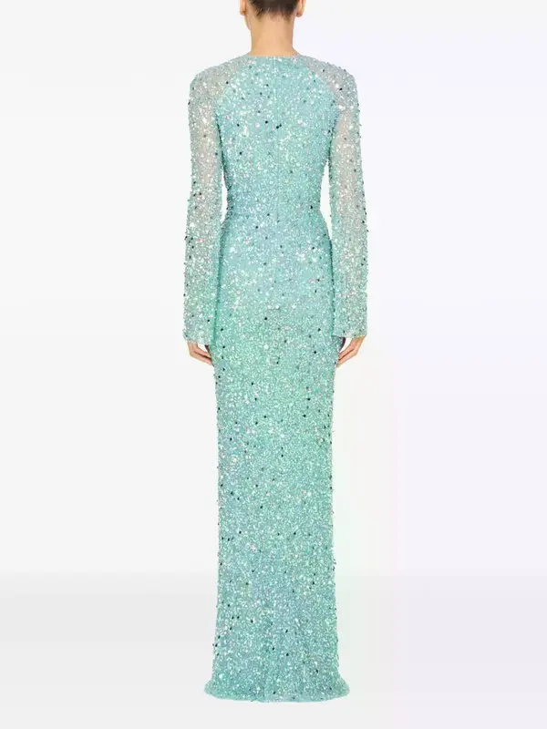 Jenny Packham Embellished Plunge V-neck Long Sleeve Gown