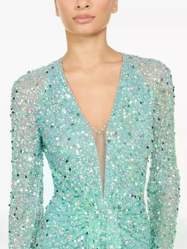 Jenny Packham Embellished Plunge V-neck Long Sleeve Gown