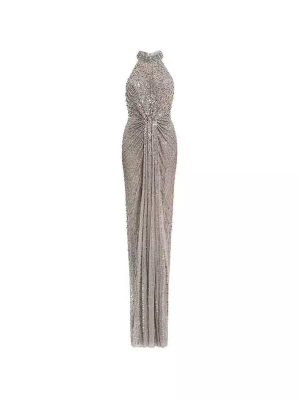 Jenny Packham Embellished Halterneck Gown - Grey
