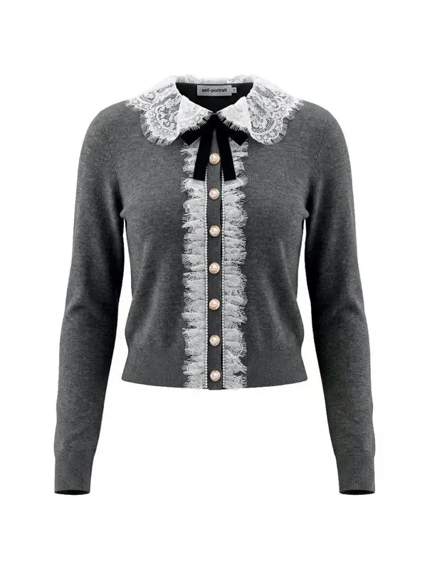 SELF-PORTRAIT Lace-collar Bow-detail Cardigan - Grey
