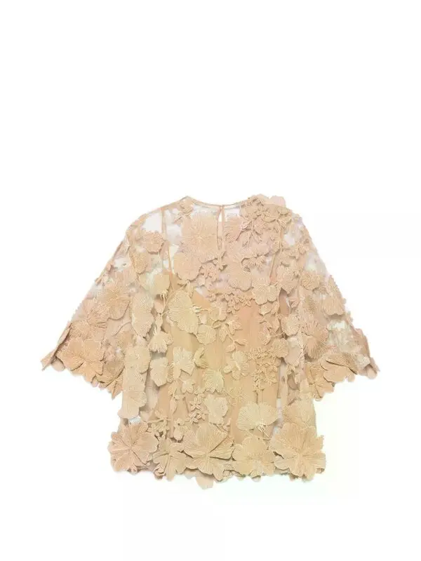 Elie Saab Floral Appliqué Mesh Top - Neutrals