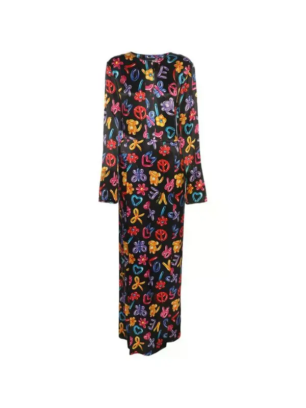 Moschino Multicolor Satin Printed Maxi Dress - Black