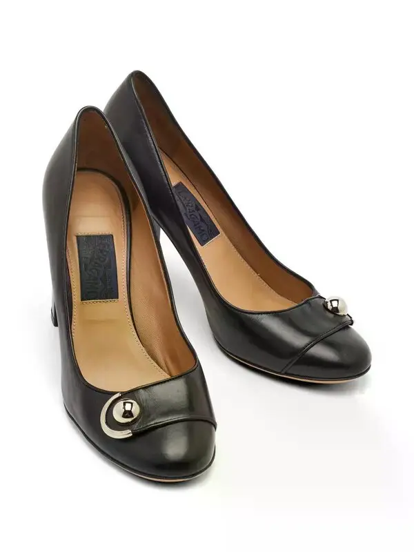 FERRAGAMO Leather Block Heel Pumps With Silver-tone Embellishment