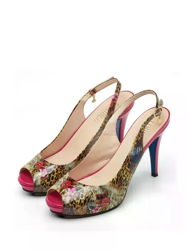 LORIBLU Floral Leopard-print Patent Leather Peep-toe Slingback Sandals - Brown