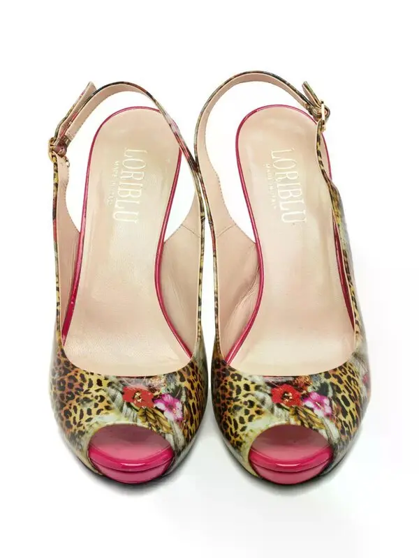 LORIBLU Floral Leopard-print Patent Leather Peep-toe Slingback Sandals