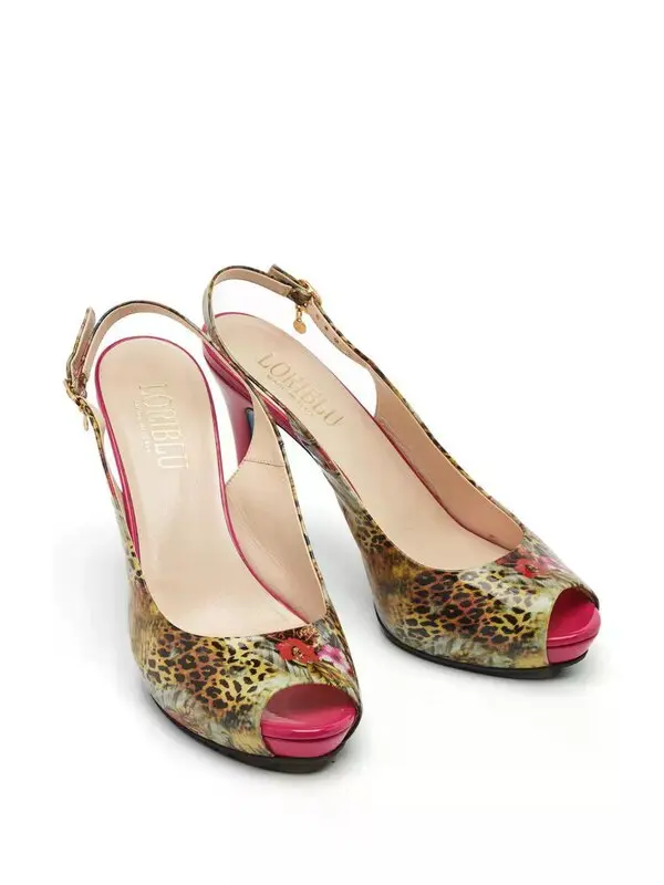 LORIBLU Floral Leopard-print Patent Leather Peep-toe Slingback Sandals