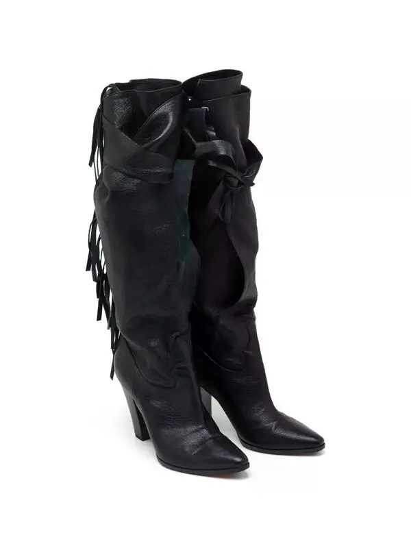 Casadei Leather Fringe Detail Pointed Toe High Block Heel Boots