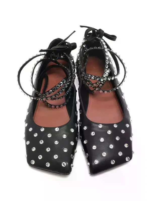 Amina Muaddi Embellished Ballet Flats With Ankle Wrap - Black