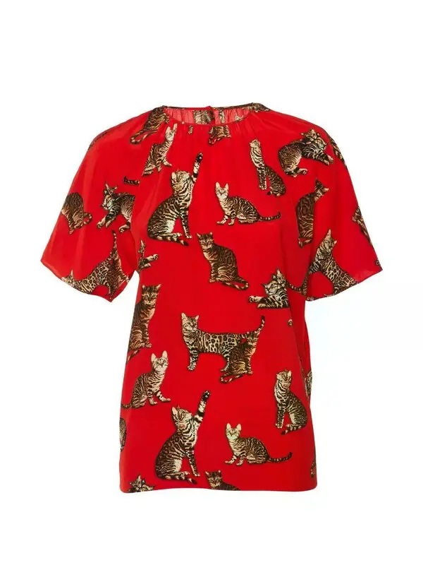 Dolce & Gabbana Silk Cat Print Blouse - Red