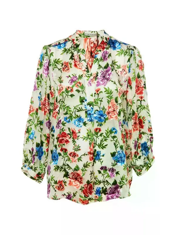 Alice + Olivia Devoré Floral Print Mandarin Shirt - Neutrals