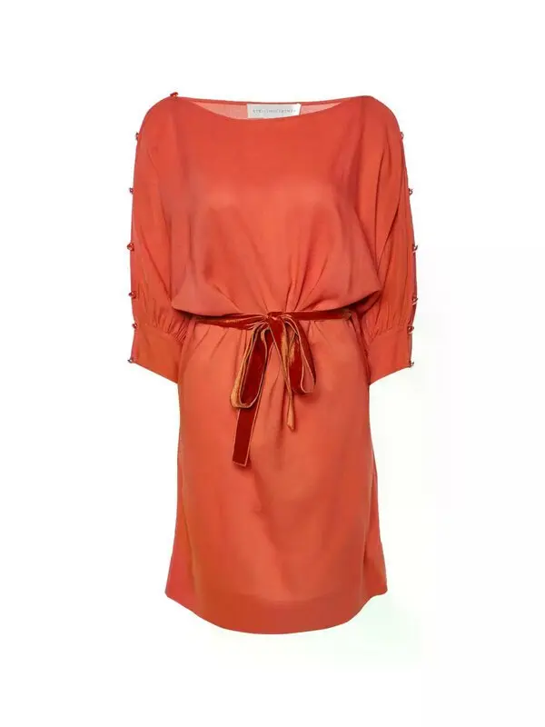 Stella McCartney Velvet Mini Dress With Buttoned Sleeves And Belted Waist - Orange
