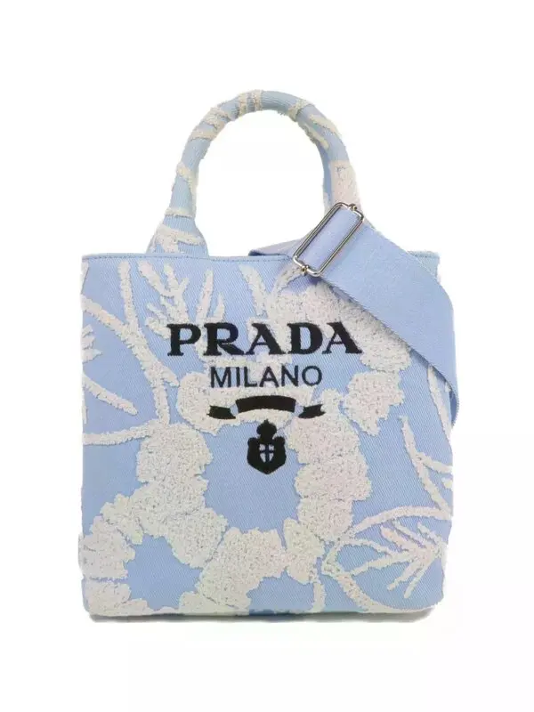 Prada Floral Print Logo Embroidered Tote Bag