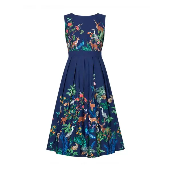 YUMI Navy Woodland Animal Print Cotton Midi Skater Dress - Blue