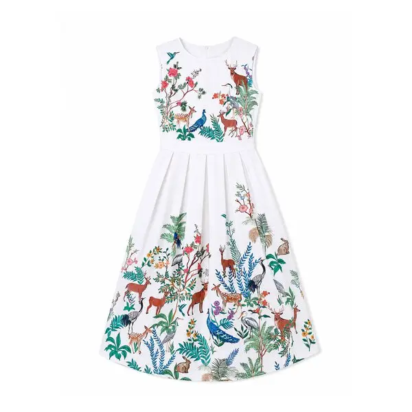 YUMI Woodland Animal Print Cotton Midi Skater Dress - White