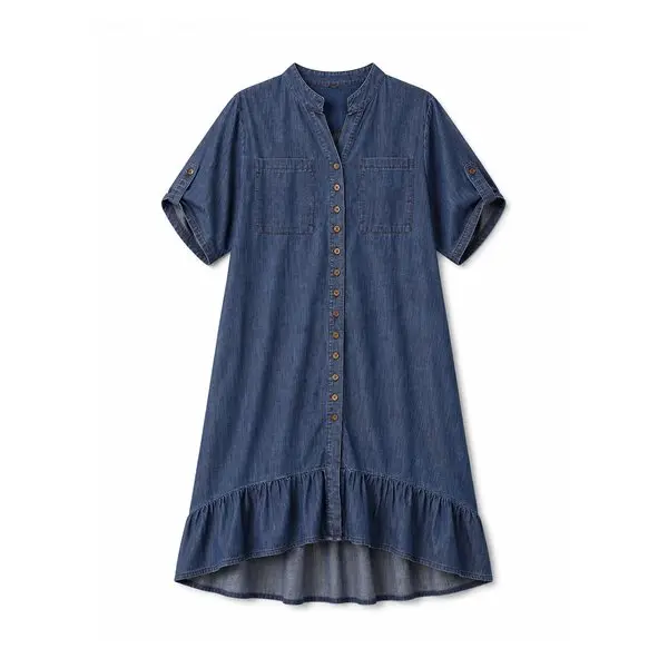 YUMI Chambray Denim Dip Hem Relaxed Fit Shirt Dress - Blue