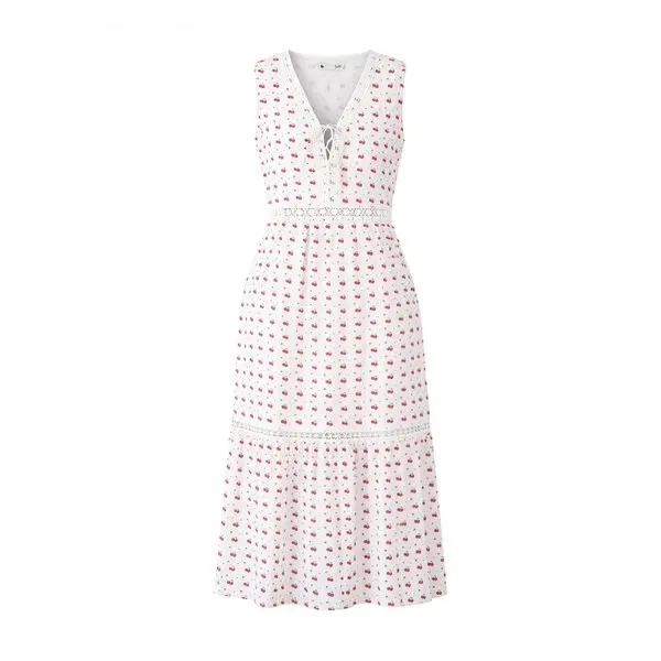 YUMI Cherry Print Lace Trim Cotton Midi Dress - White