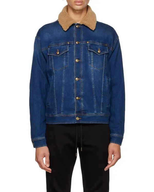 Versace Piece Number Denim Jacket With Fleece Lapel