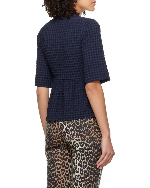 GANNI Checkered Seersucker Peplum Blouse