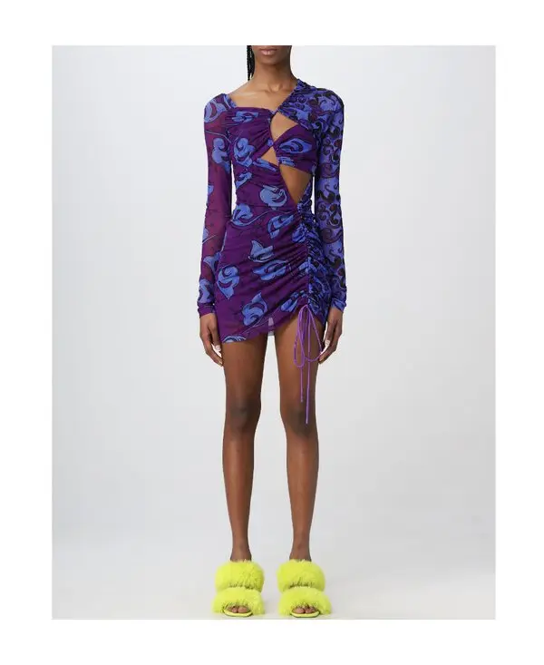 Versace Long Sleeve Graphic Print Cut-out Mini Dress