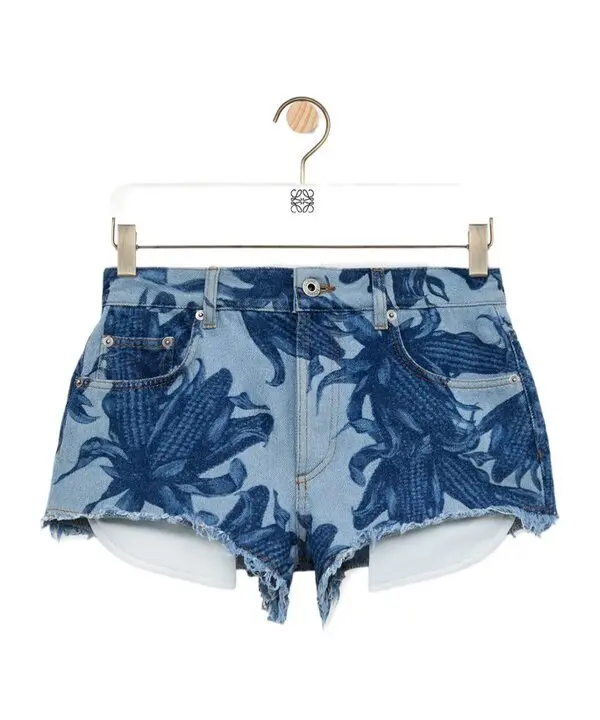 Loewe Floral Print Frayed Denim Shorts