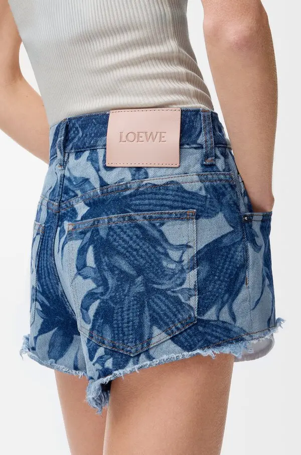 Loewe Floral Print Frayed Denim Shorts