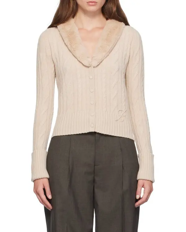Blumarine Long-sleeved Cardigan With Fur Trim - Nude