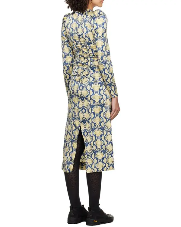 GANNI Snake Printed Crinkled Satin O-neck Midi Dress